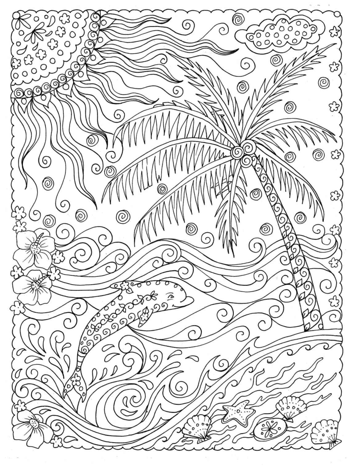 5 Pages Beachy Escape Coloring Digital Color Pages Shells Ocean Surf ...