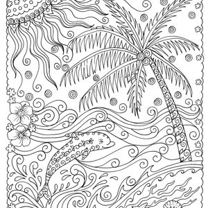 5 Pages Beachy Escape Coloring Digital Color Pages Shells Ocean Surf