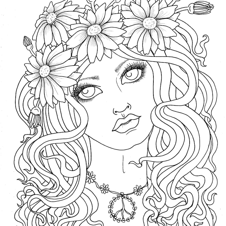 5 Pages of Spring Flower Girls to Color. Hydrangea, Daisy, Cherry ...