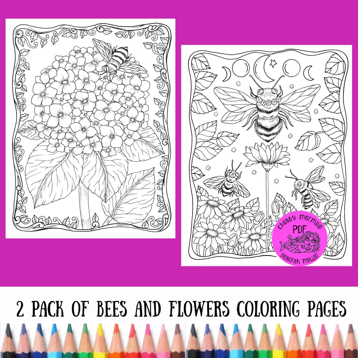 Busy Little BEES PDF Pages to Color. Instant Download, Flowers and Bees ...