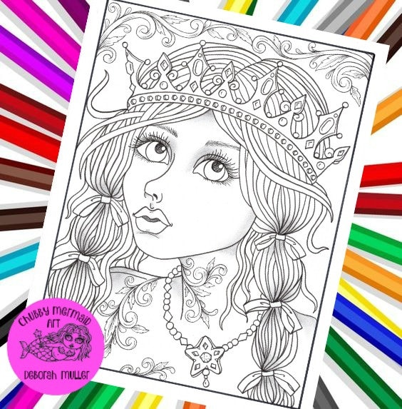 Crowned Coloring Page Fantasy Queens Art Coloring Pages | Etsy