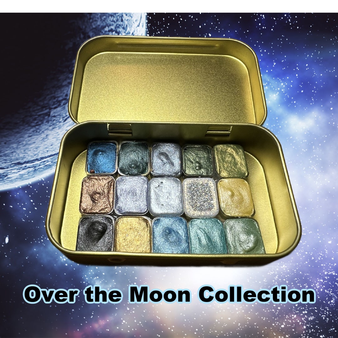 OVER THE MOON Set of 15 Handmade Mica Watercolors. Quarter Pans in a ...
