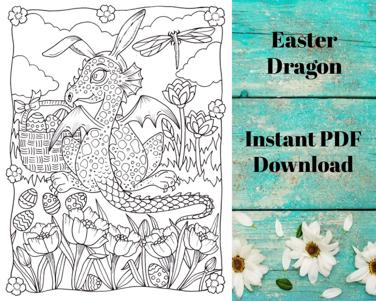 EASTER DRAGON Coloring Page. Instant Download. Digital Art, Easter Art ...