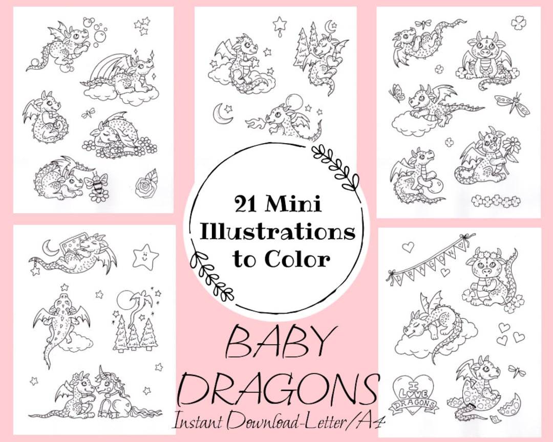 DRAGONS Mini Illustrations to Color. 21 Tiny Dragons, 5 Full Size Pages ...
