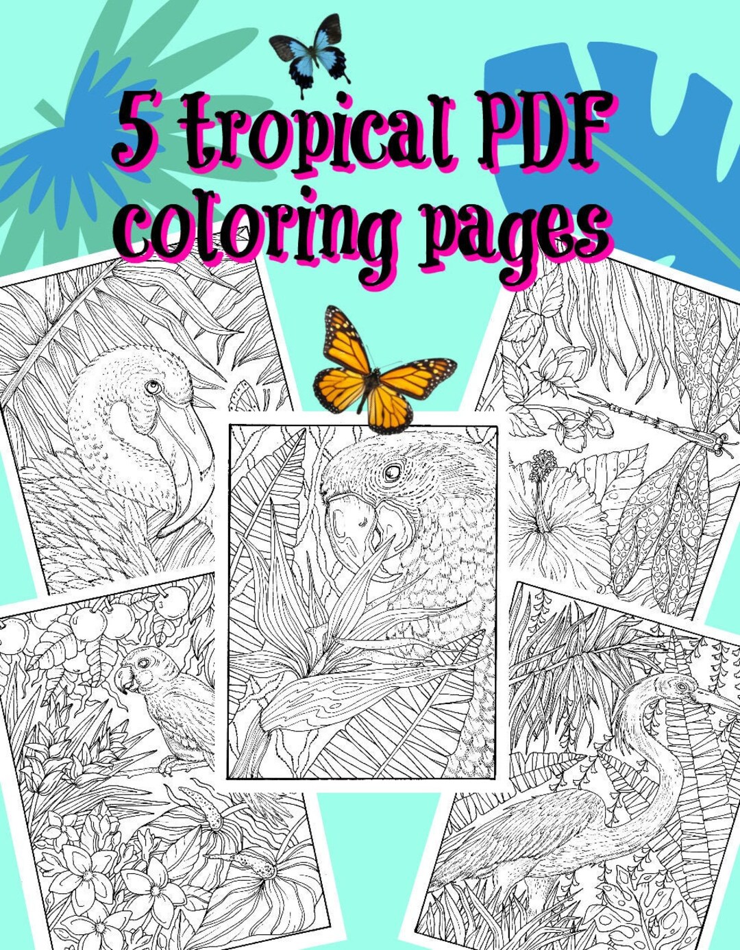 TROPICAL Coloring Fun! Flamingo, Parrot, Egret, Dragonfly and Lovebird ...