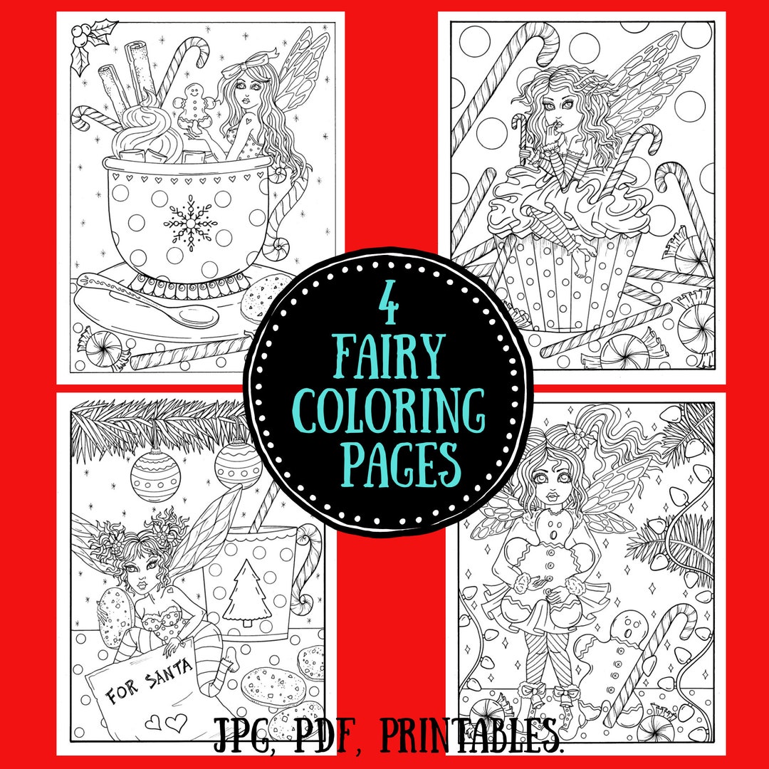 4 Mischievous Christmas Fairies Coloring Pages, PDF, Digital, Print and ...