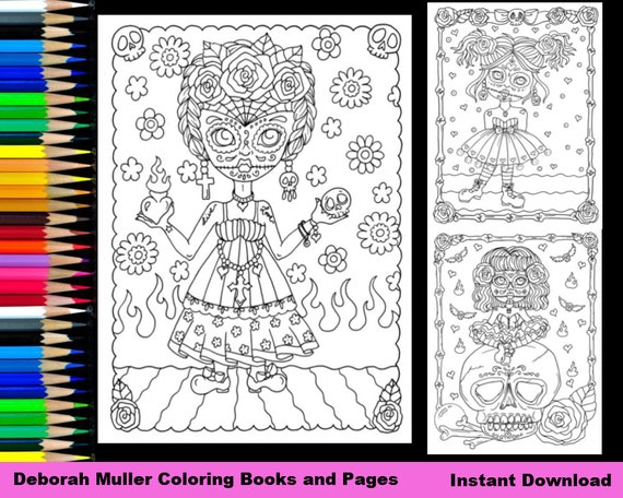3 Pages of Day of the Dead Girls to Color. Frida Inspired | Etsy