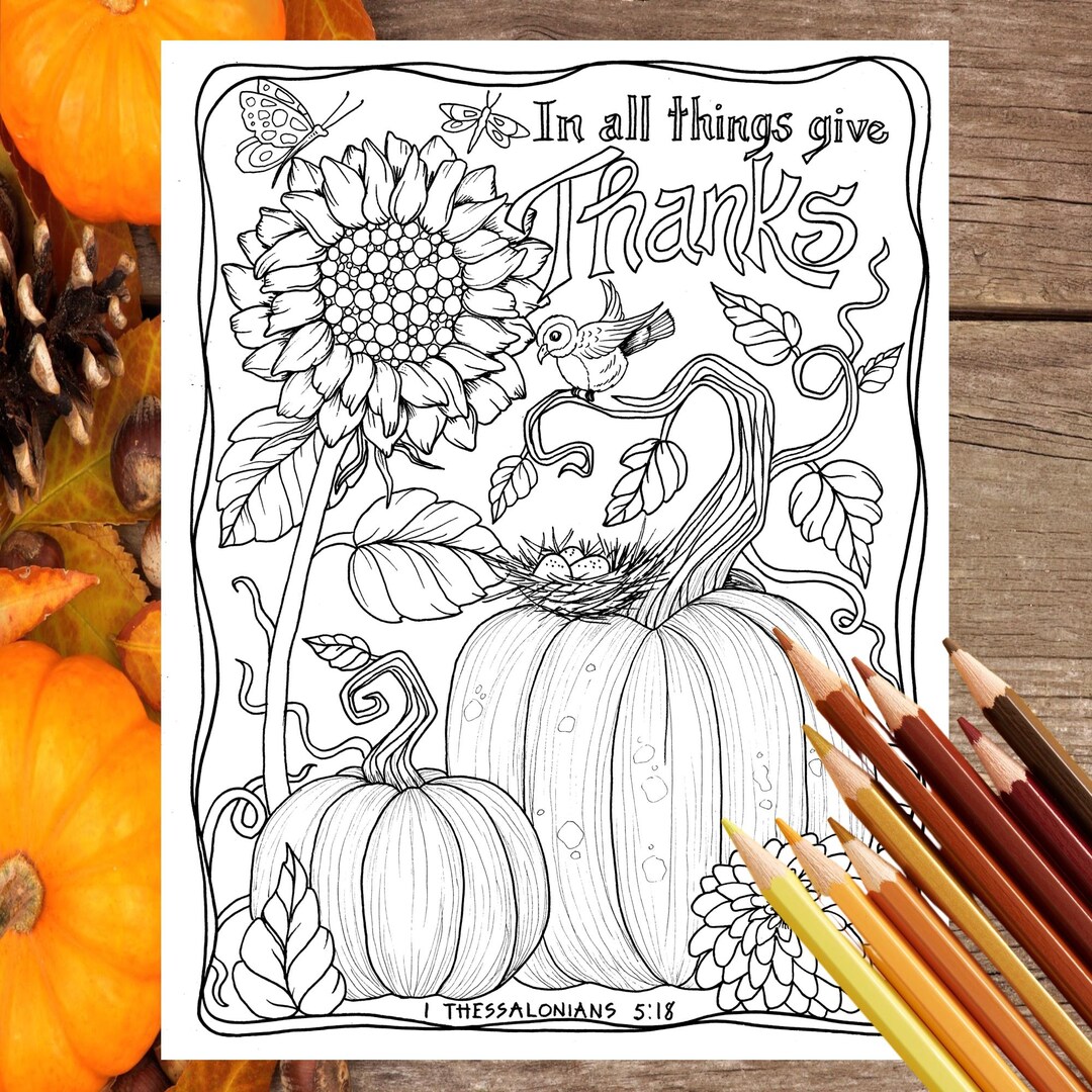 Give Thanks Scripture Fall Coloring Page. Digital Download. Adult ...