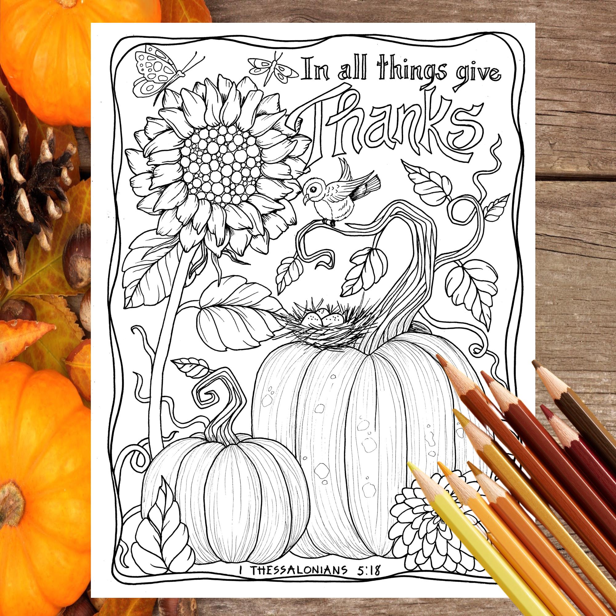 Give Thanks Scripture Fall Coloring Page. Digital Download. Adult ...