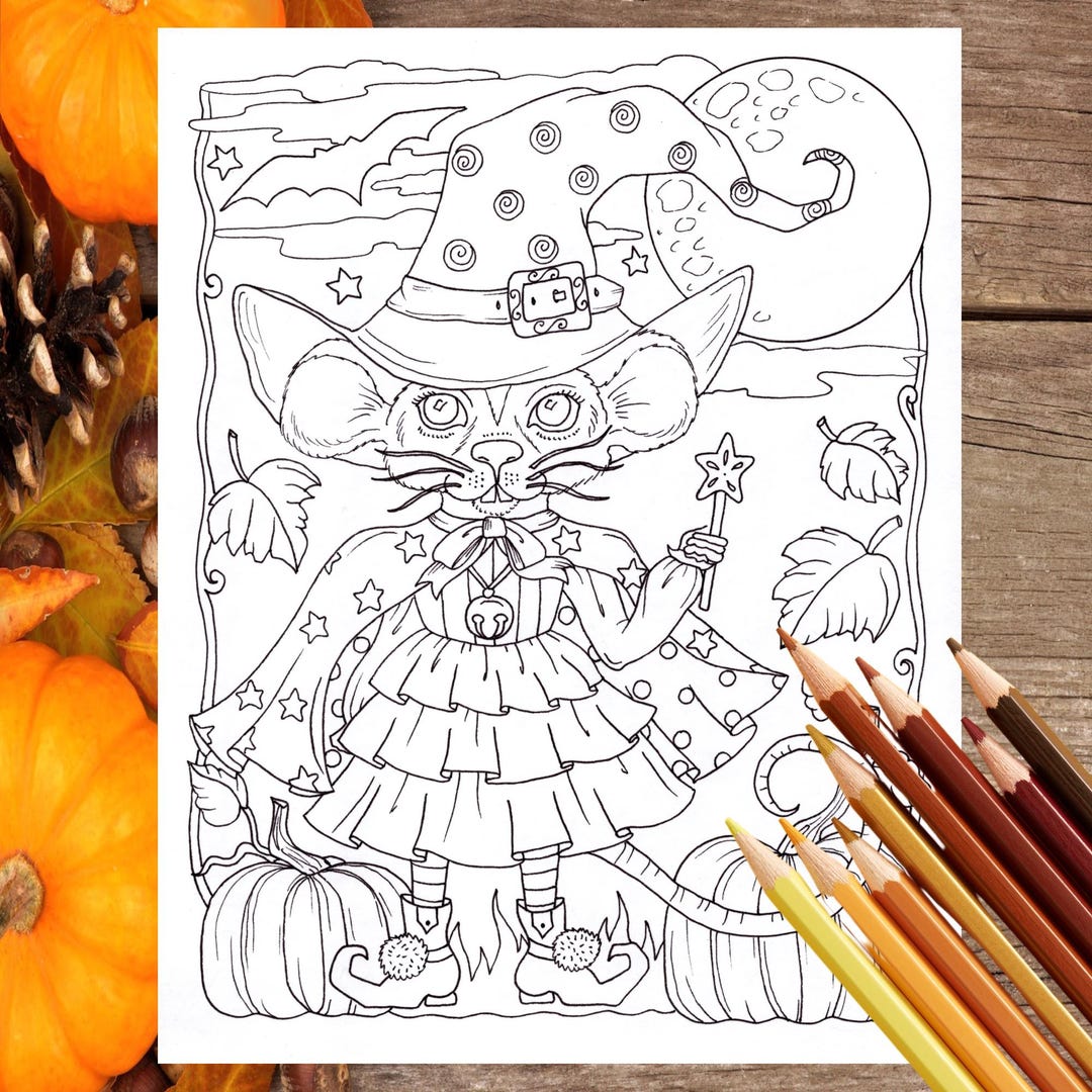 Witchy Mouse Digital PDF Coloring Page. Halloween Coloring Page, Hand ...