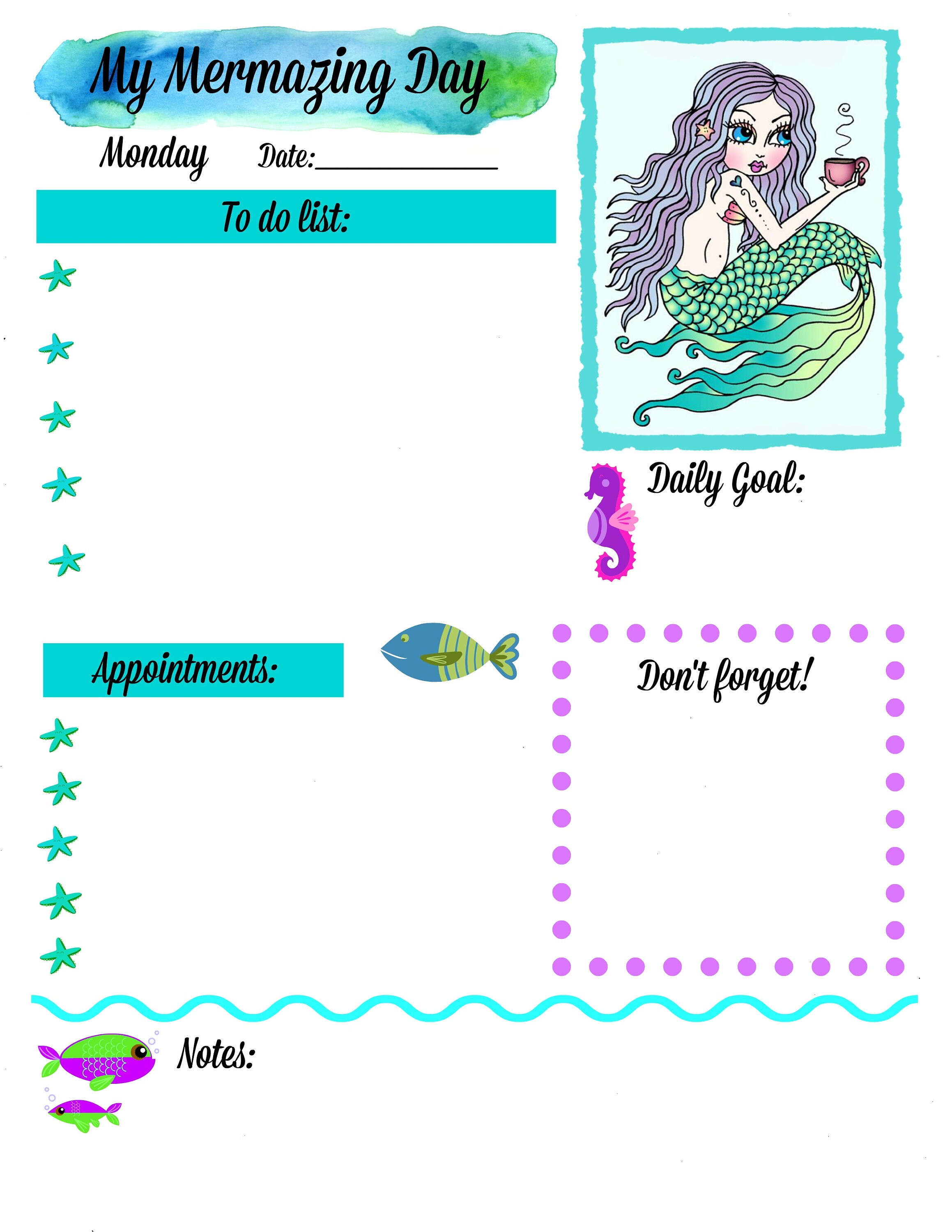 Planner Pages Printable. Cute Mermaids to Brighten Your Day! 10 Pages ...