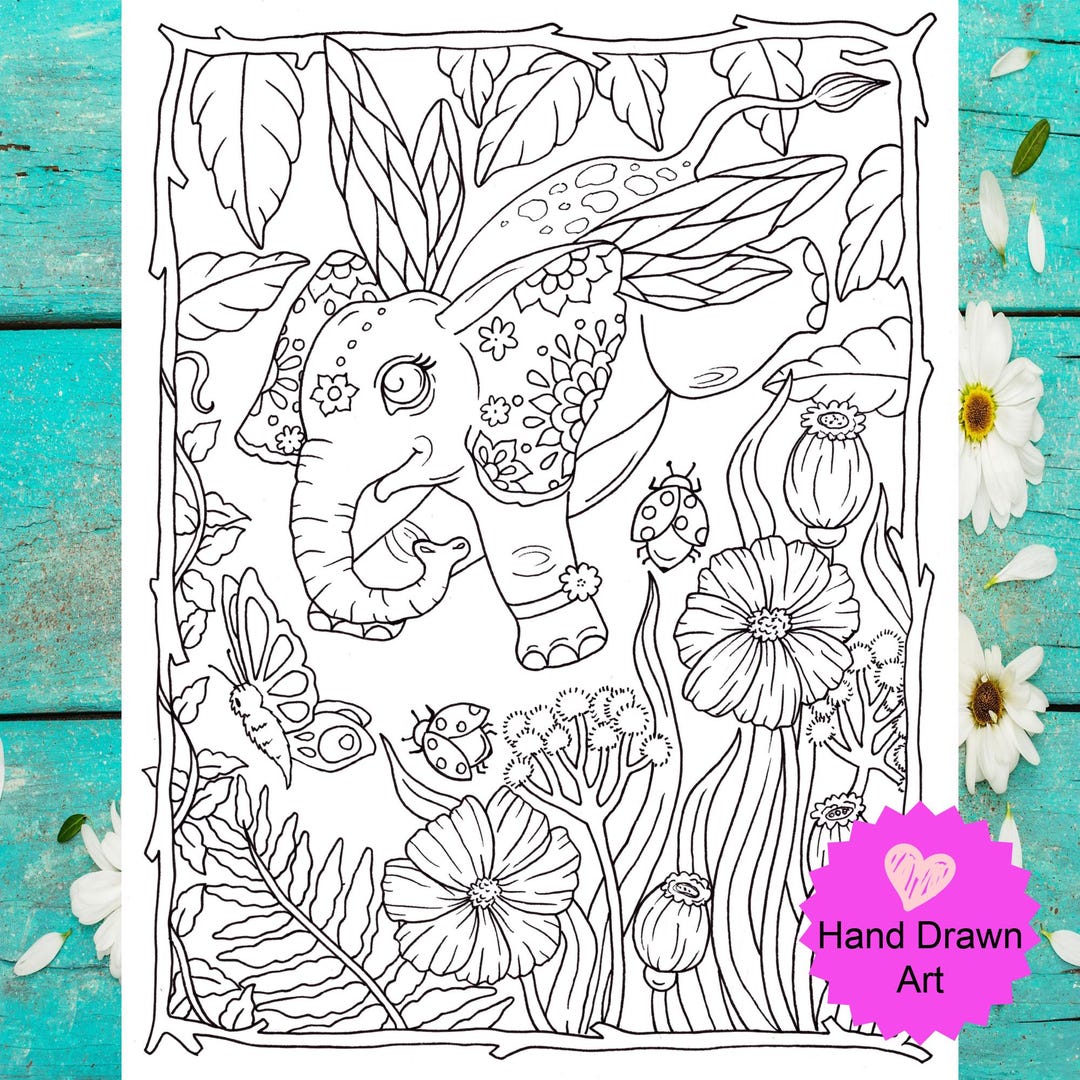 Spring Fairy Elephant Coloring Page. Instant Download. Digital Art ...