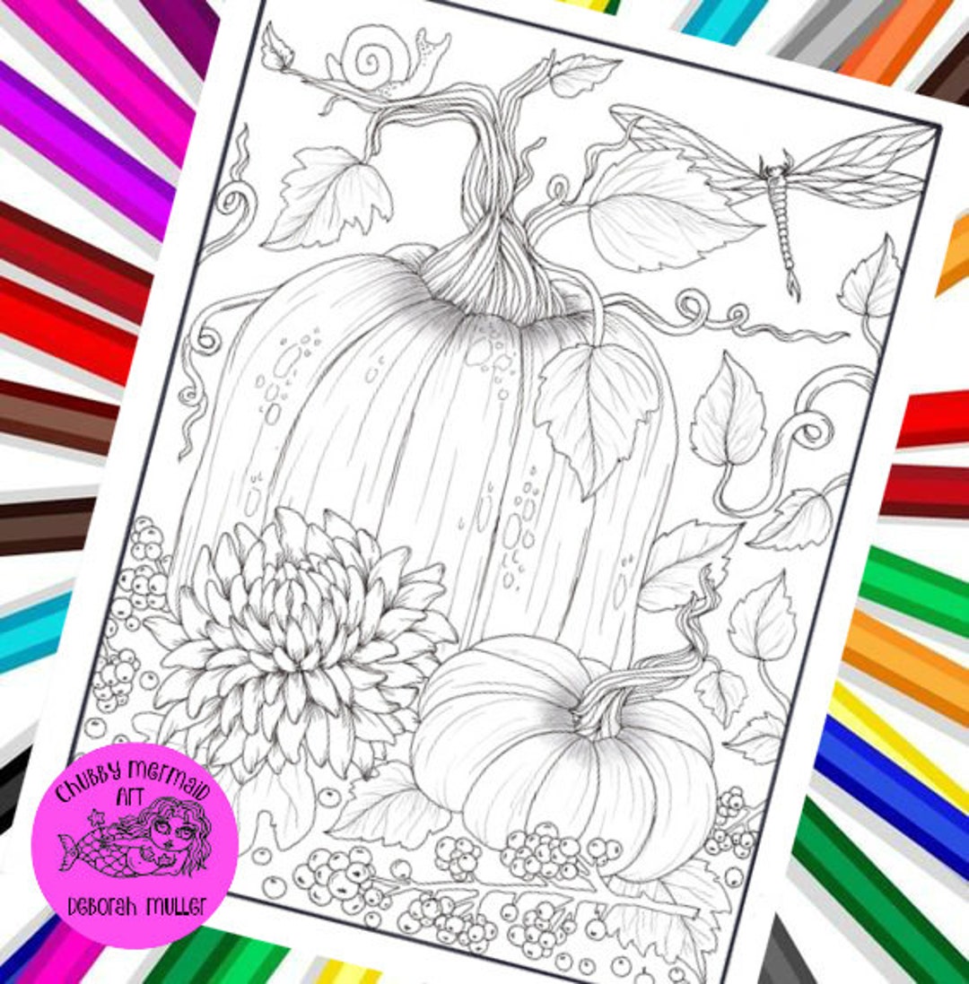 Pumpkins and Dragonfly PDF Coloring Page Fall Pumpkins - Etsy