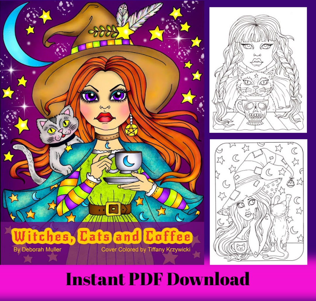 Witches, Cats & Coffee PDF Coloring Book. Fun Coloring. Hand Drawn ...