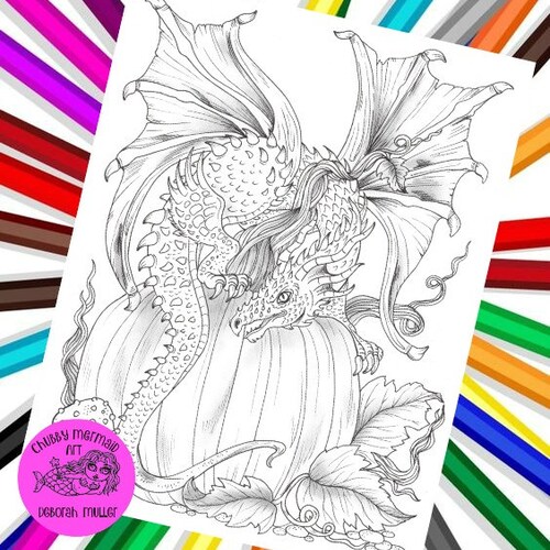 Fall Dragon and Pumpkin PDF Digital Coloring Page. Fun Fall | Etsy