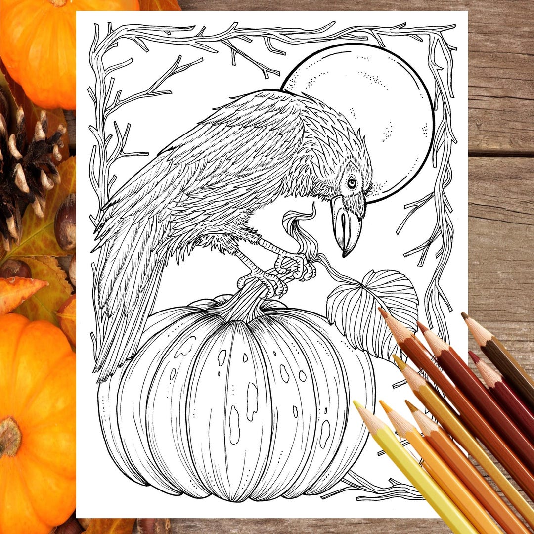 Fall Crow Digital Coloring Page Thanksgiving, Harvest, Adult Coloring ...