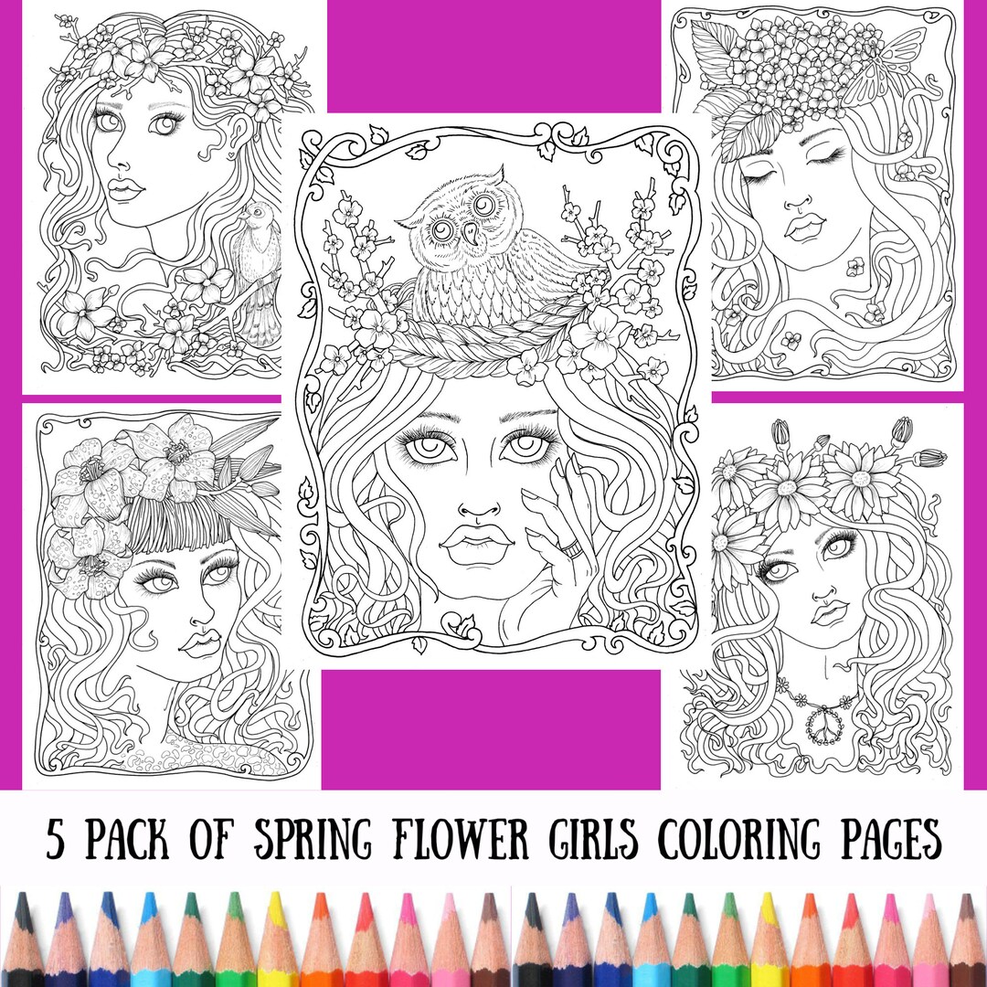 5 Pages of Spring Flower Girls to Color. Hydrangea, Daisy, Cherry ...