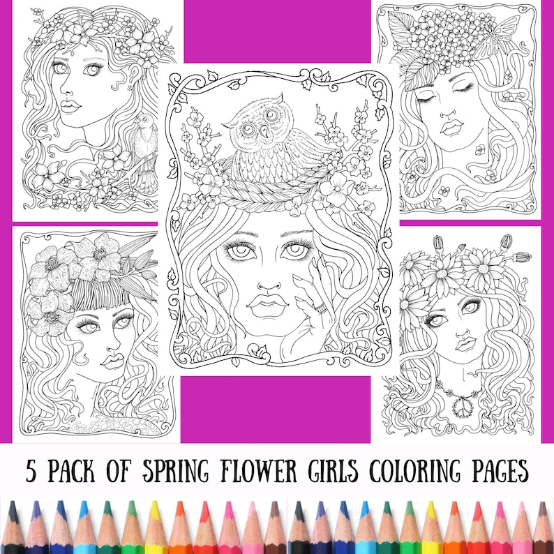 5 Pages of Spring Flower Girls to Color. Hydrangea Daisy - Etsy