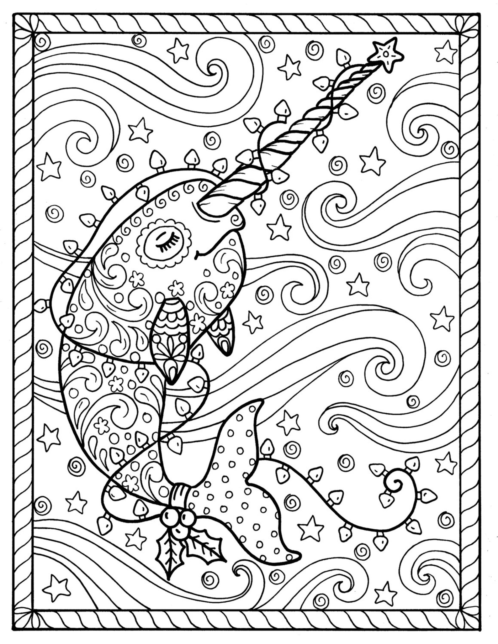 Narwhal Christmas Coloring Pages Adult Coloring Books, Digi Stamp ...