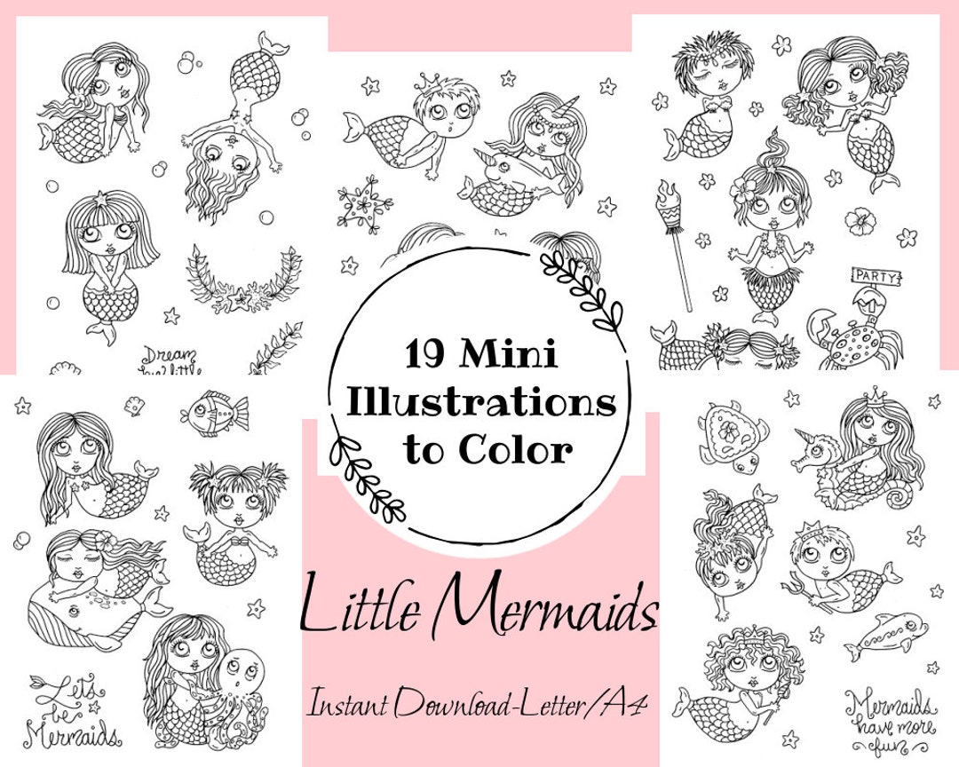 Mini Pages to Color. 19 Tiny Mermaid Images, 5 Pages, Coloring Set ...