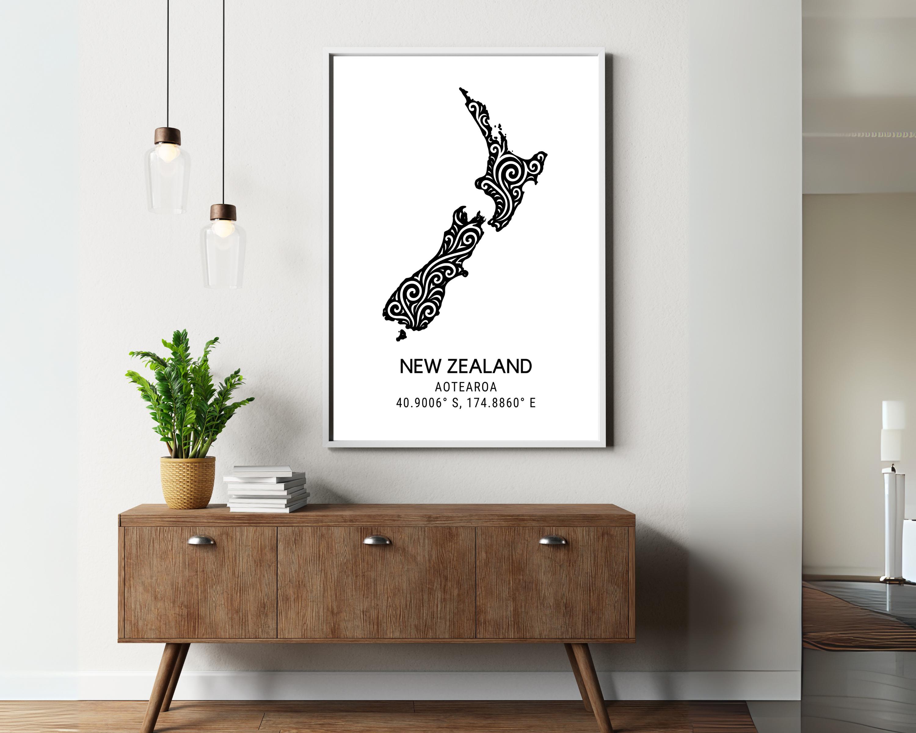 Maori Koru New Zealand Map Art Set: Aotearoa Black & White Prints ...