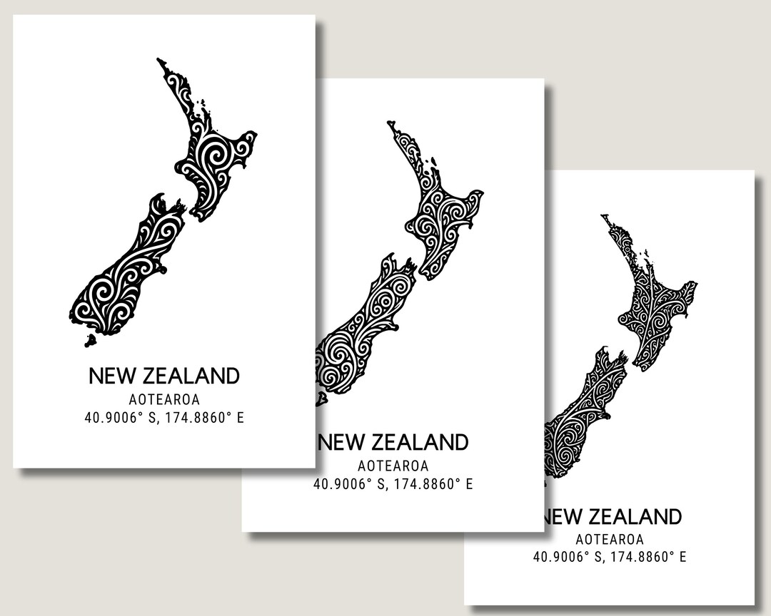 Maori Koru New Zealand Map Art Set: Aotearoa Black & White Prints ...