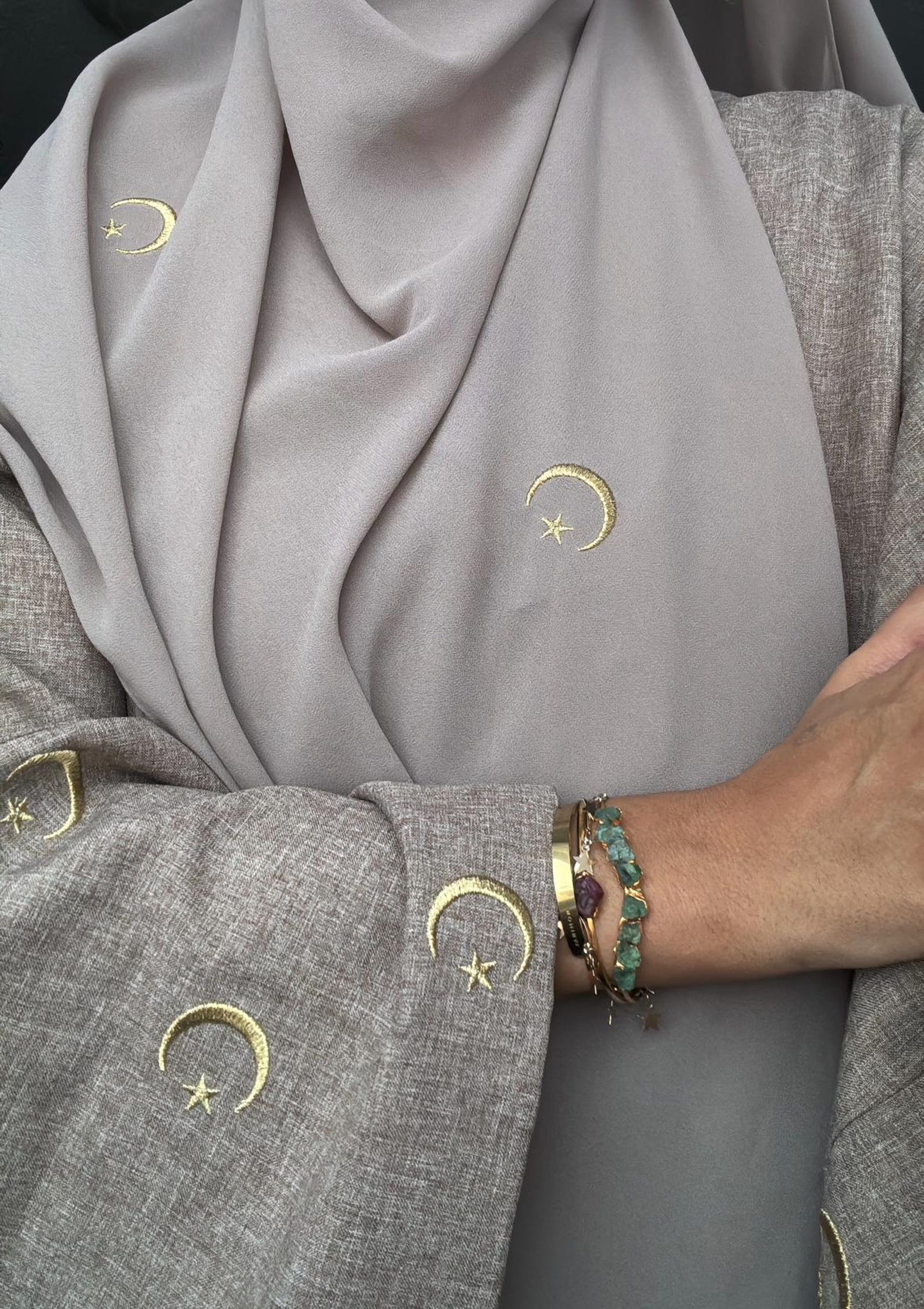 Gold Moon Star Butterfly Abaya & Hijab Set Celestial Kimono Embroidered ...