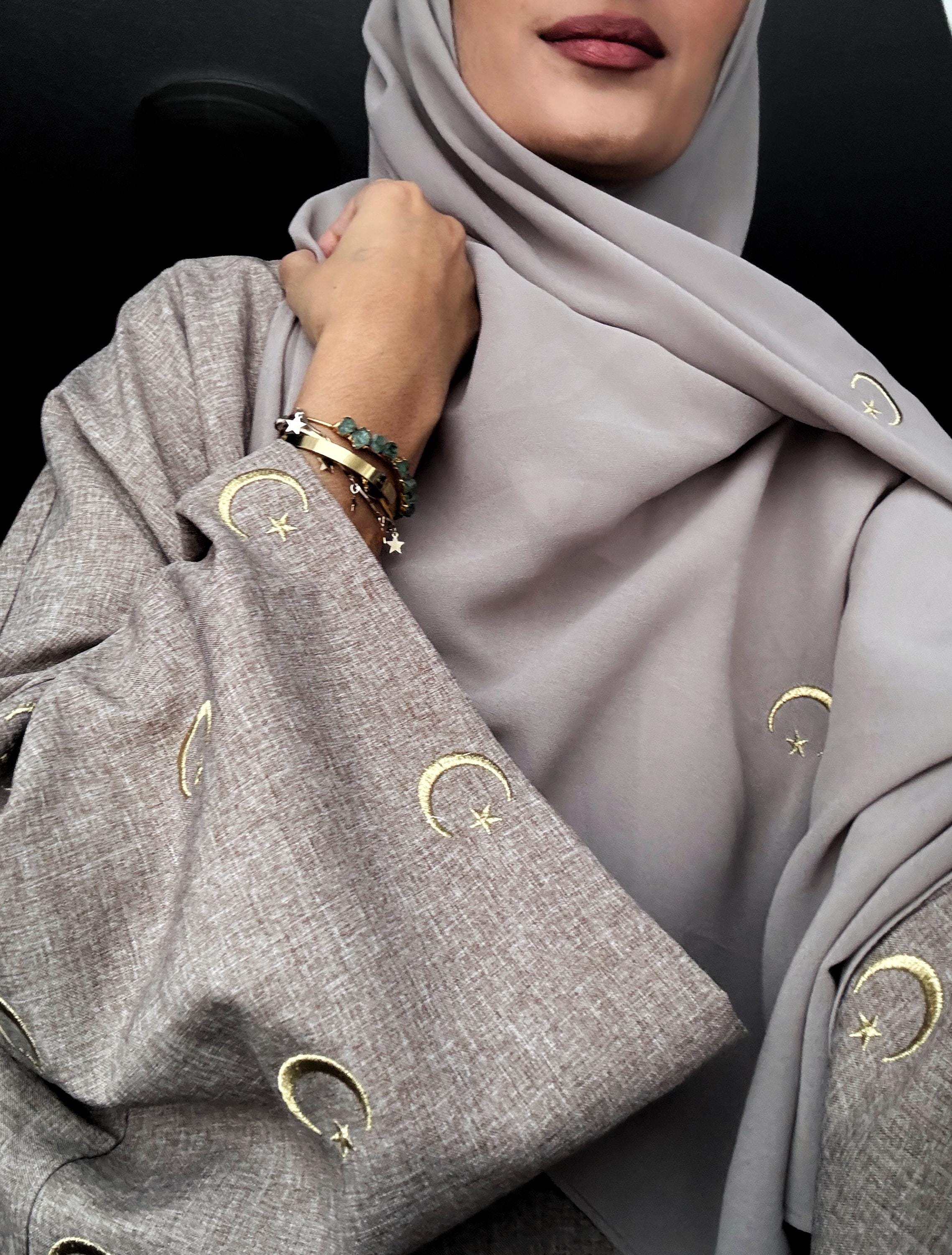 Gold Moon Star Butterfly Abaya & Hijab Set Celestial Kimono Embroidered ...
