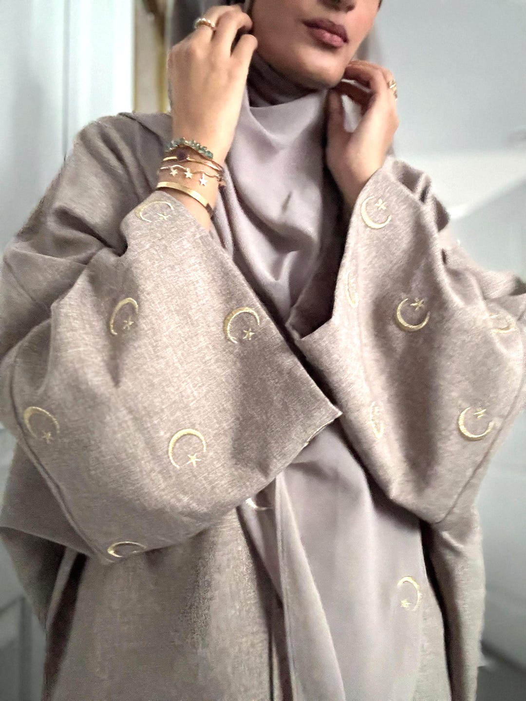 Gold Moon Star Butterfly Abaya & Hijab Set Celestial Kimono Embroidered ...