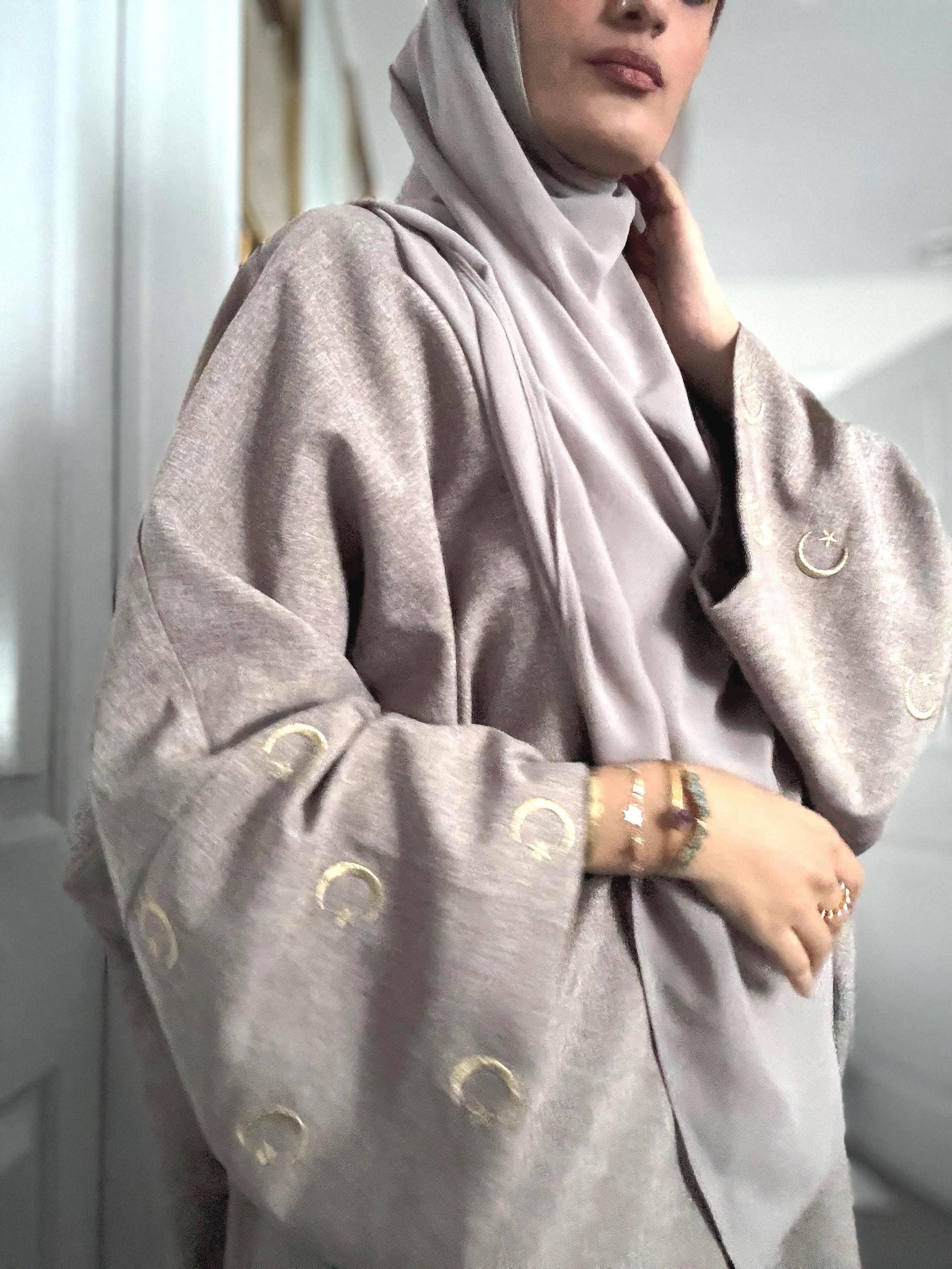 Gold Moon Star Butterfly Abaya & Hijab Set Celestial Kimono Embroidered ...