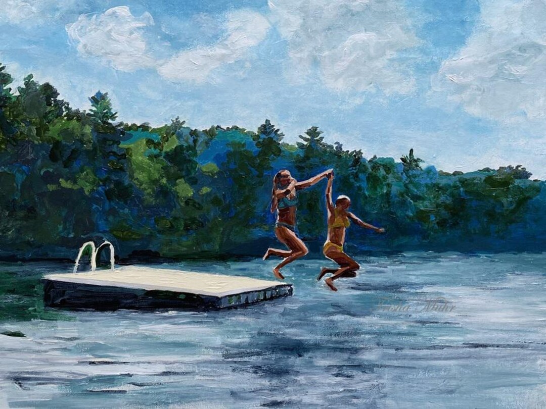 Jumping in the Lake Print, Jumping off the Dock, Lake Print, Girls at ...