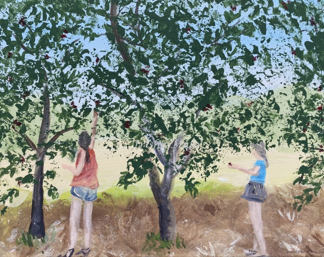 Girls Picking Cherries Print, Door County Artwork, Wisconsin Artwork ...