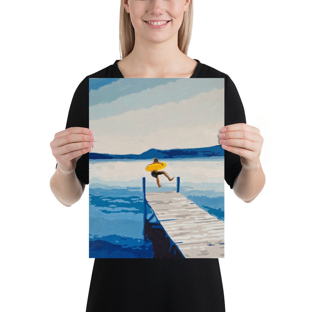Lake Print, Jumping off the Dock, Yellow Inner Tube, Lake Painting ...