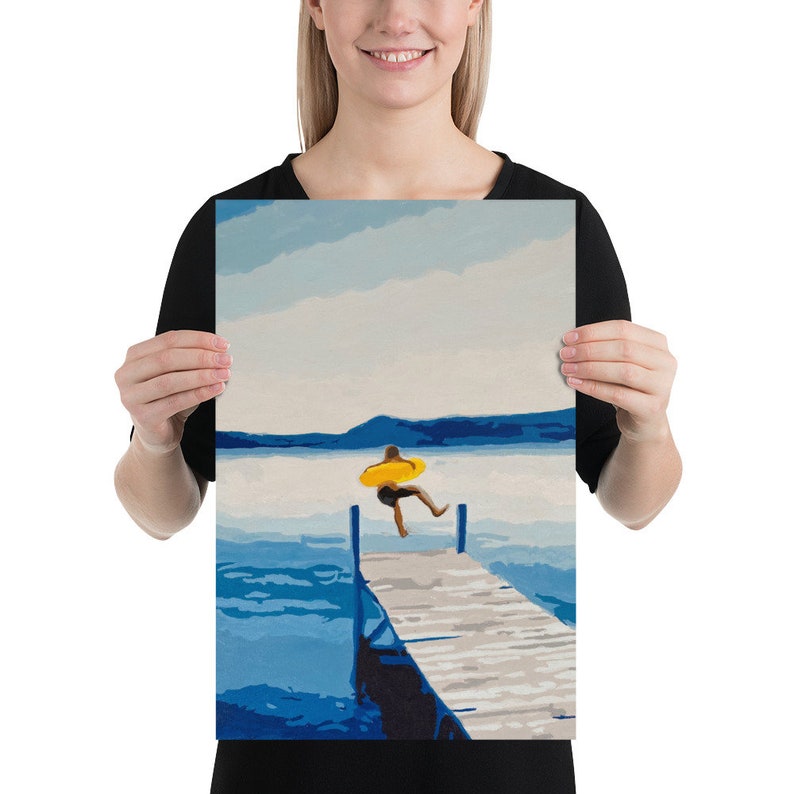 Lake Print, Jumping off the Dock, Yellow Inner Tube, Lake Painting ...