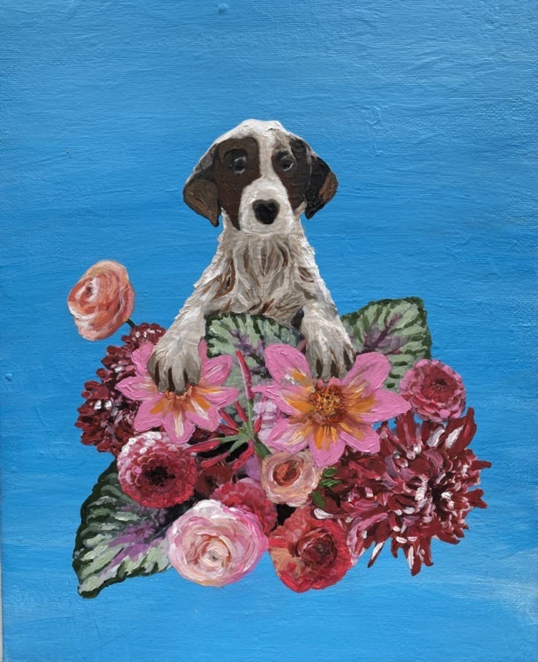 Puppy in the Garden Print, Dog Poster, Bright Floral Artwork, Impasto ...
