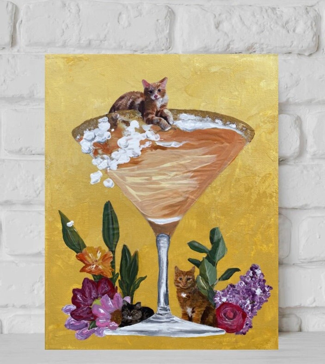 Cat Martini Print, Kitten Artwork, Cat Painting, Bar Decor, Mixed Media ...