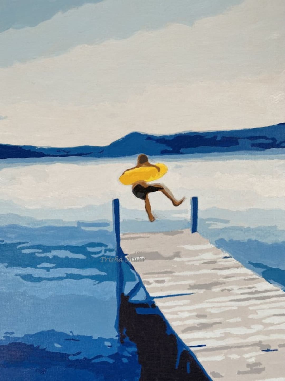 Lake Print, Jumping off the Dock, Yellow Inner Tube, Lake Painting ...