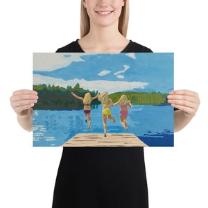Blonde Girls Jumping off the Dock, Summer Print, Girls at the Lake ...