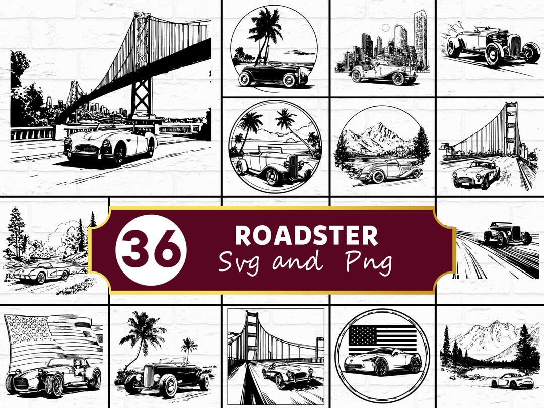 Roadster SVG PNG Bundle, Classic Car Silhouette Clipart, Vintage Auto ...