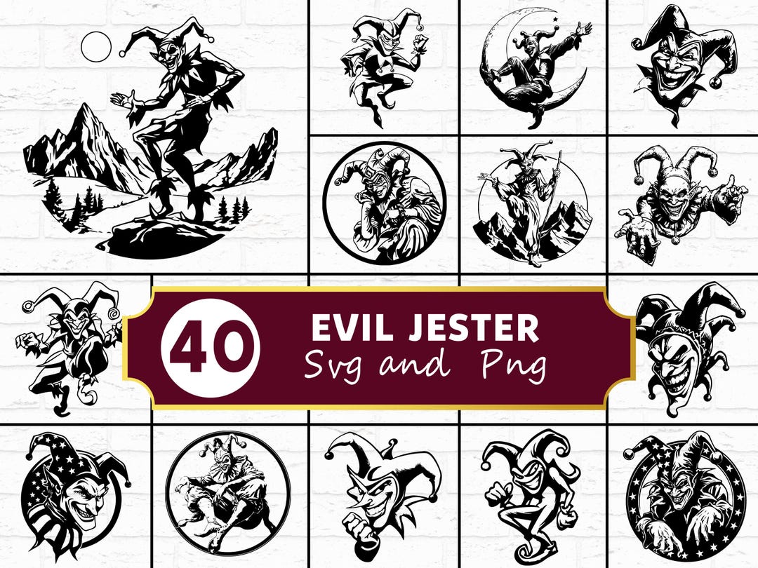 Evil Jester SVG PNG Bundle, Horror Clown Silhouette Clipart, Dark ...