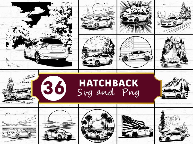Hatchback Car SVG PNG Bundle, Compact Car Silhouette Clipart, Auto ...