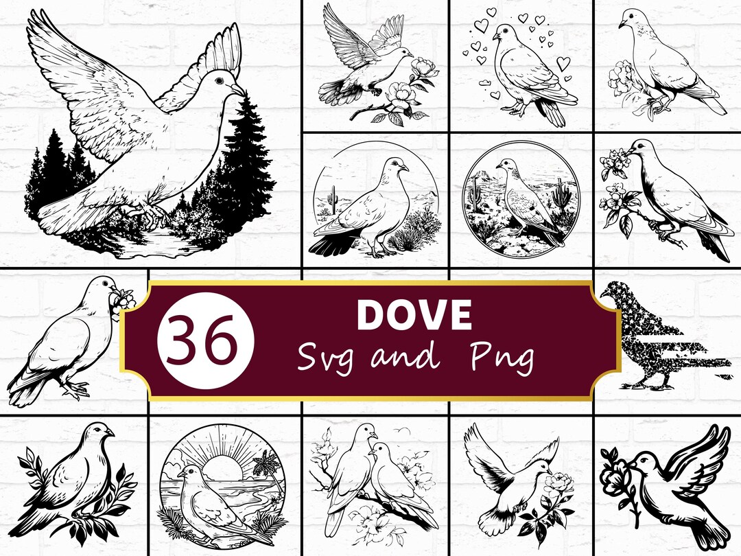 Dove SVG PNG Bundle, Peace Bird Silhouette Clipart, Wedding Christian ...