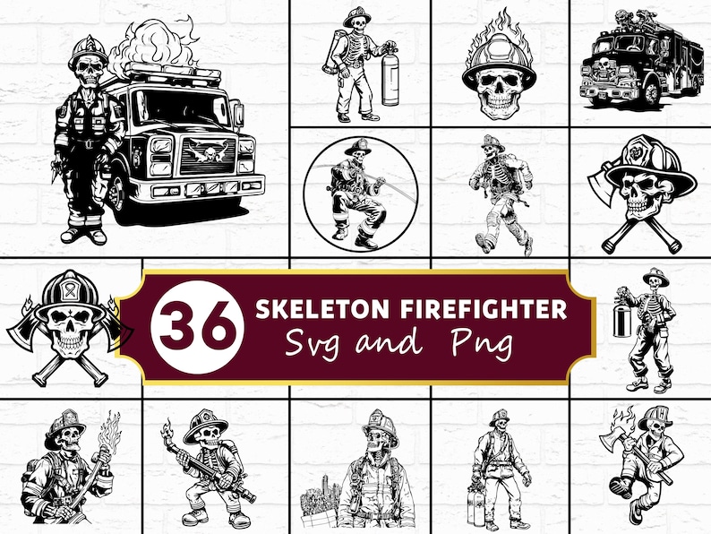 Skeleton Firefighter SVG PNG Bundle, Gothic Skull Silhouette Clipart ...
