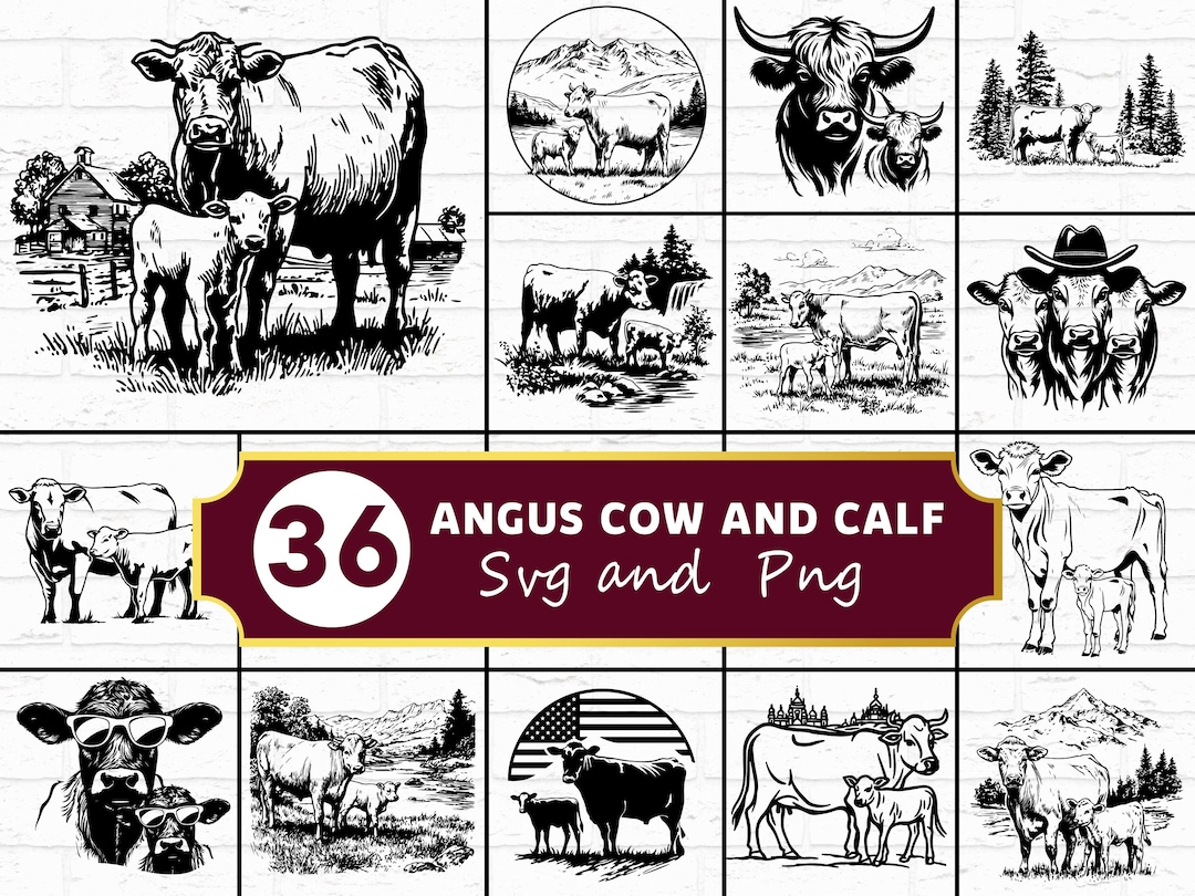 Angus Cow and Calf SVG PNG Bundle, Farm Animal Silhouette Clipart ...