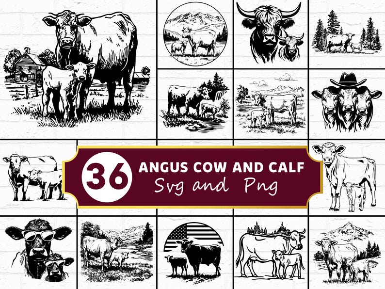Angus Cow and Calf SVG PNG Bundle, Farm Animal Silhouette Clipart ...