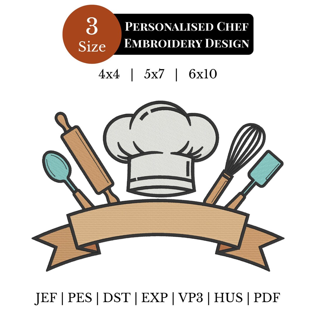 Personalized Chef Name Banner Embroidery Design – Chef Hat & Kitchen ...