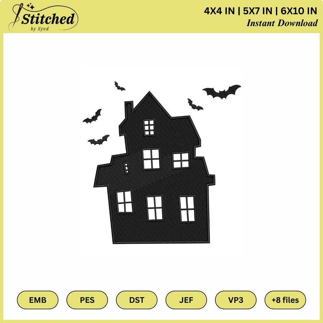 Haunted House Embroidery Design: Halloween Machine Art (4x4, 5x7, 6x10 ...