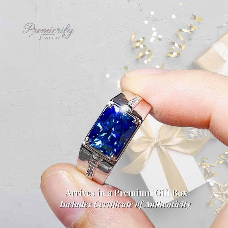 East West Statement Ring – 2 Carat Blue Emerald Cut Moissanite ...