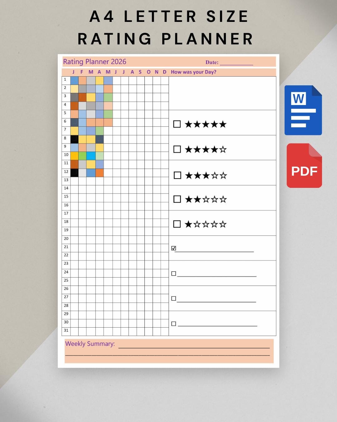 Daily Mood & Day Rating Planner - Instant Download - Etsy