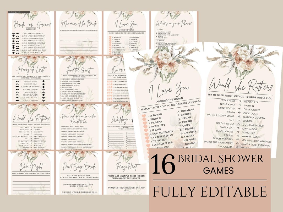 Boho Bridal Shower Games, Boho Floral Bridal Shower Editable Games ...